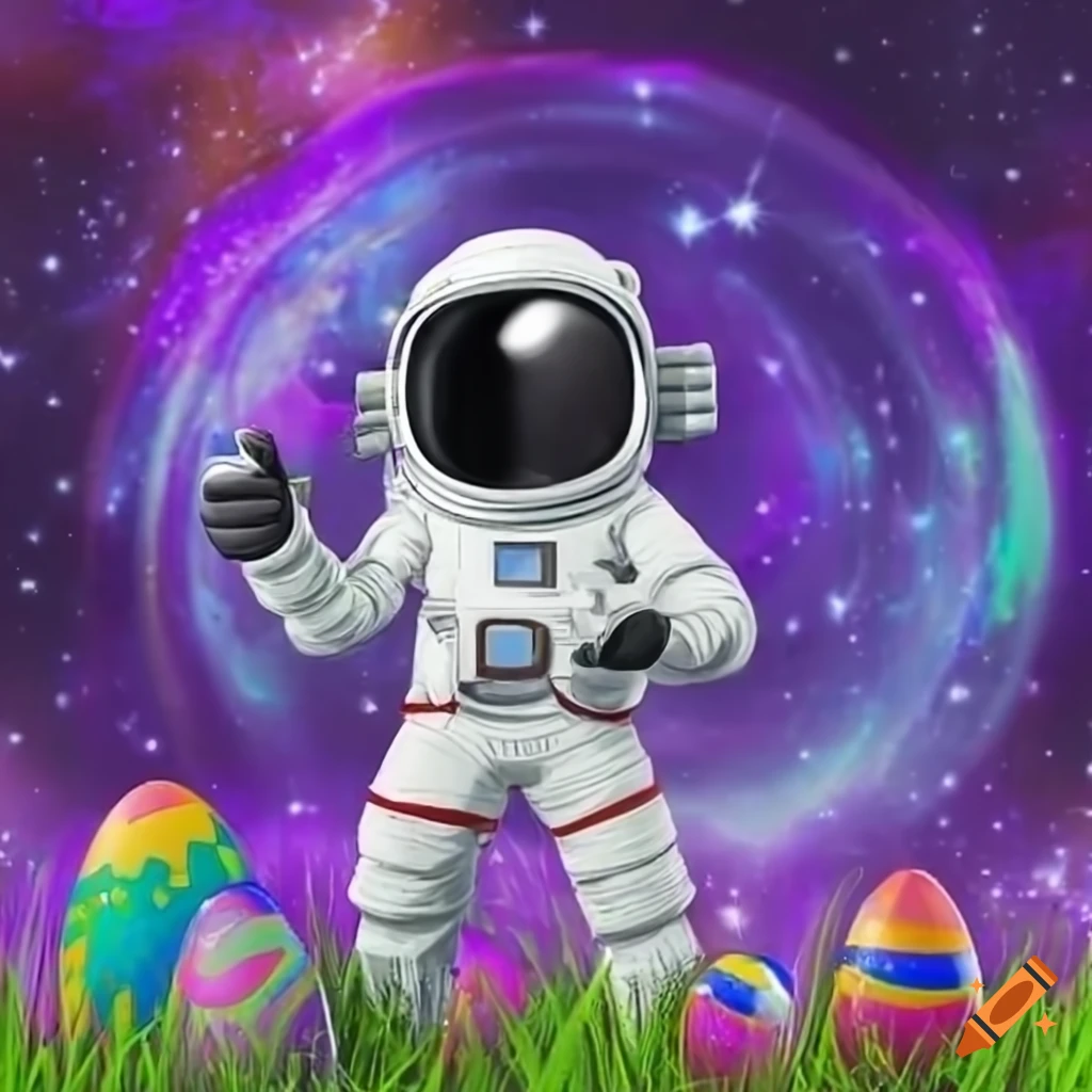 Astronaut waving with an easter egg in a cosmic background on Craiyon