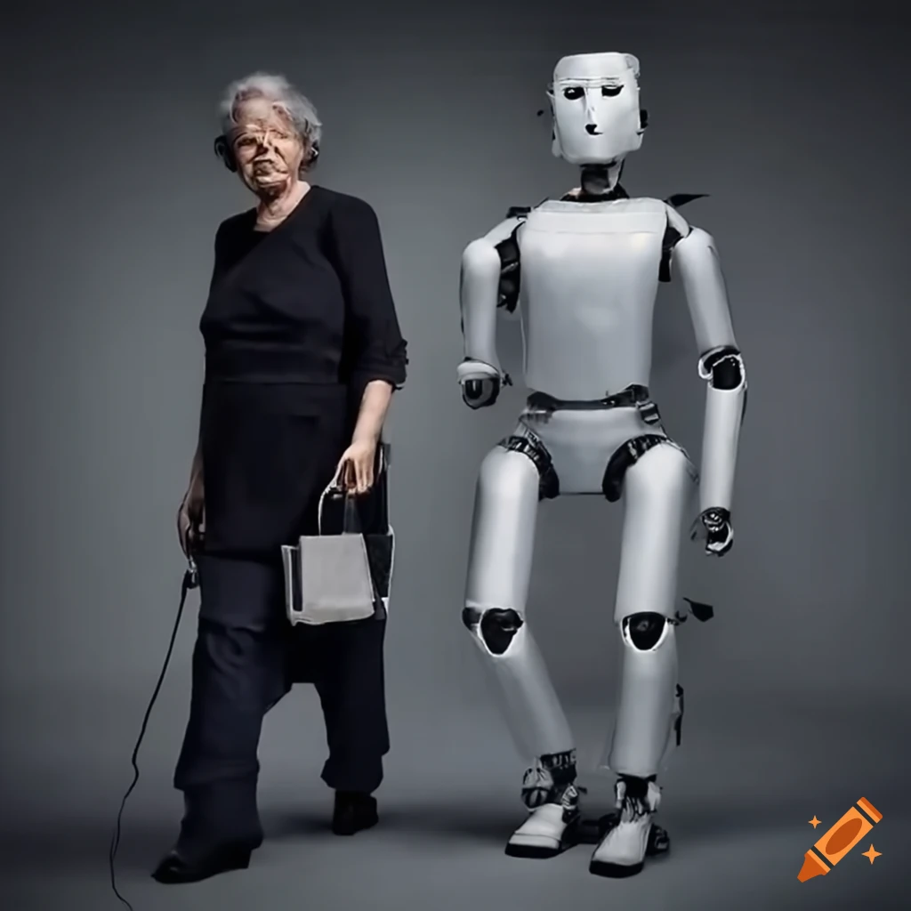 Hyper realistic photo of robot men walking with grandma on Craiyon