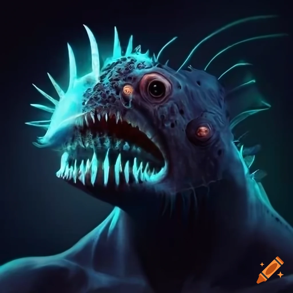 Muscular humanoid anglerfish deep sea monster portrait on Craiyon