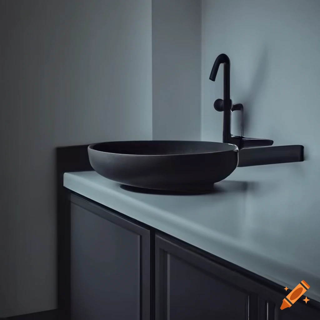 Black matte sink filled with bright blue water on a gray countertop on ...
