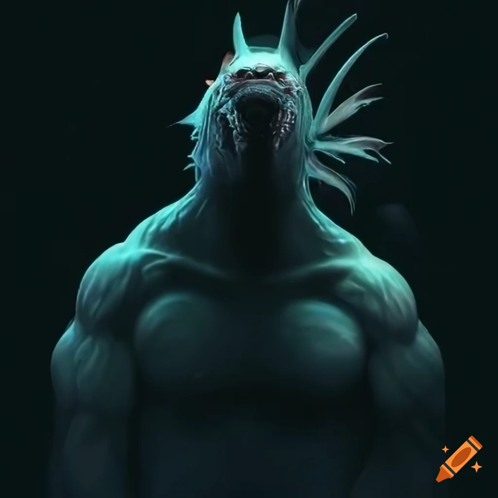 Muscular humanoid anglerfish deep sea monster in a black portrait on ...