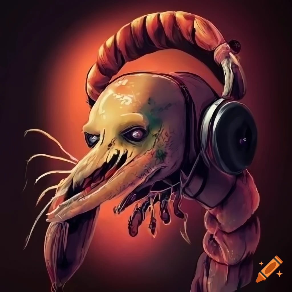 Nightmarish horror shrimp with vintage headphones on Craiyon