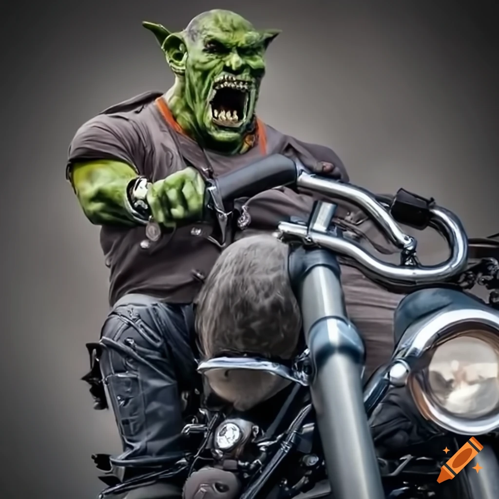 Grey-skinned orc greaser on a harley davidson motorcycle on Craiyon