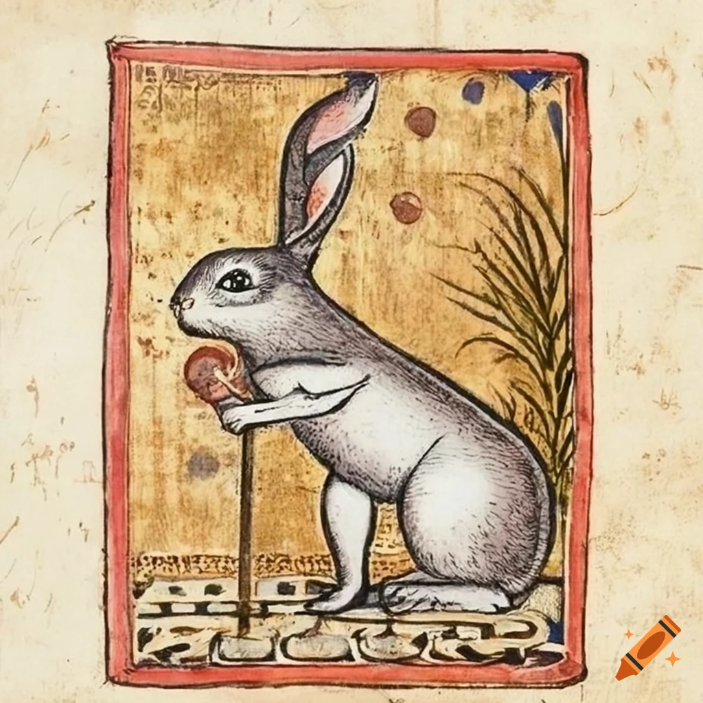 Medieval manuscript illustration of a rabbit wielding a sword on Craiyon