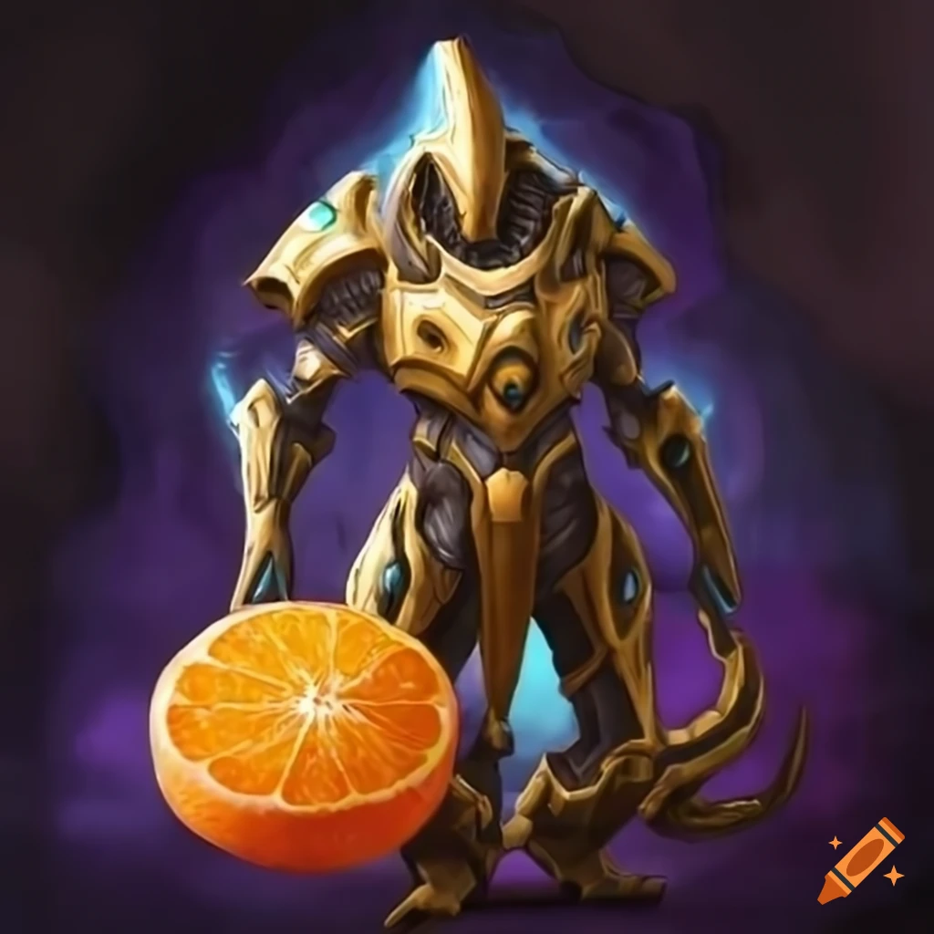 Starcraft protoss with big glass of orange juice on Craiyon
