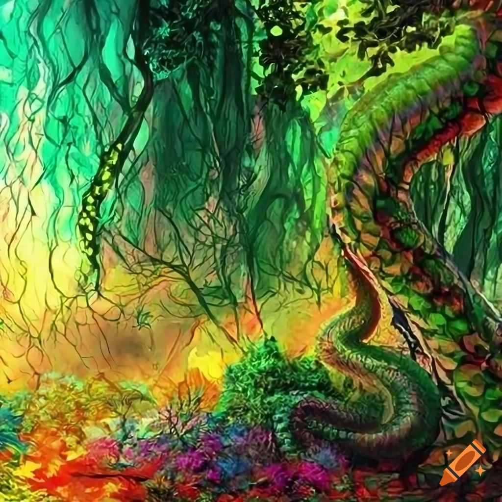 Painting of snakeskin trees twisted with dandelion shrubs, ivy vines, exotic birds and flowers ...