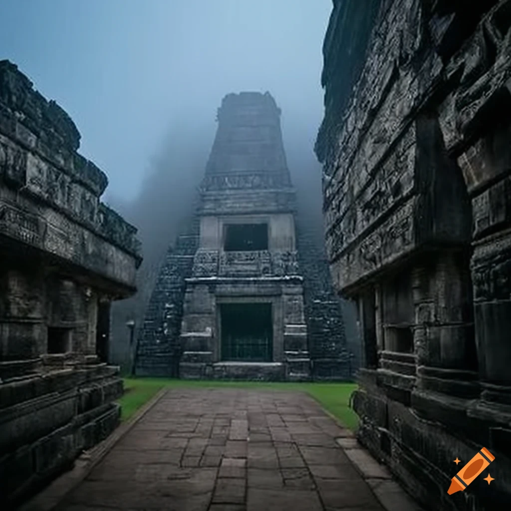 Ancient aztec temple in misty rain with a mysterious ambiance on Craiyon