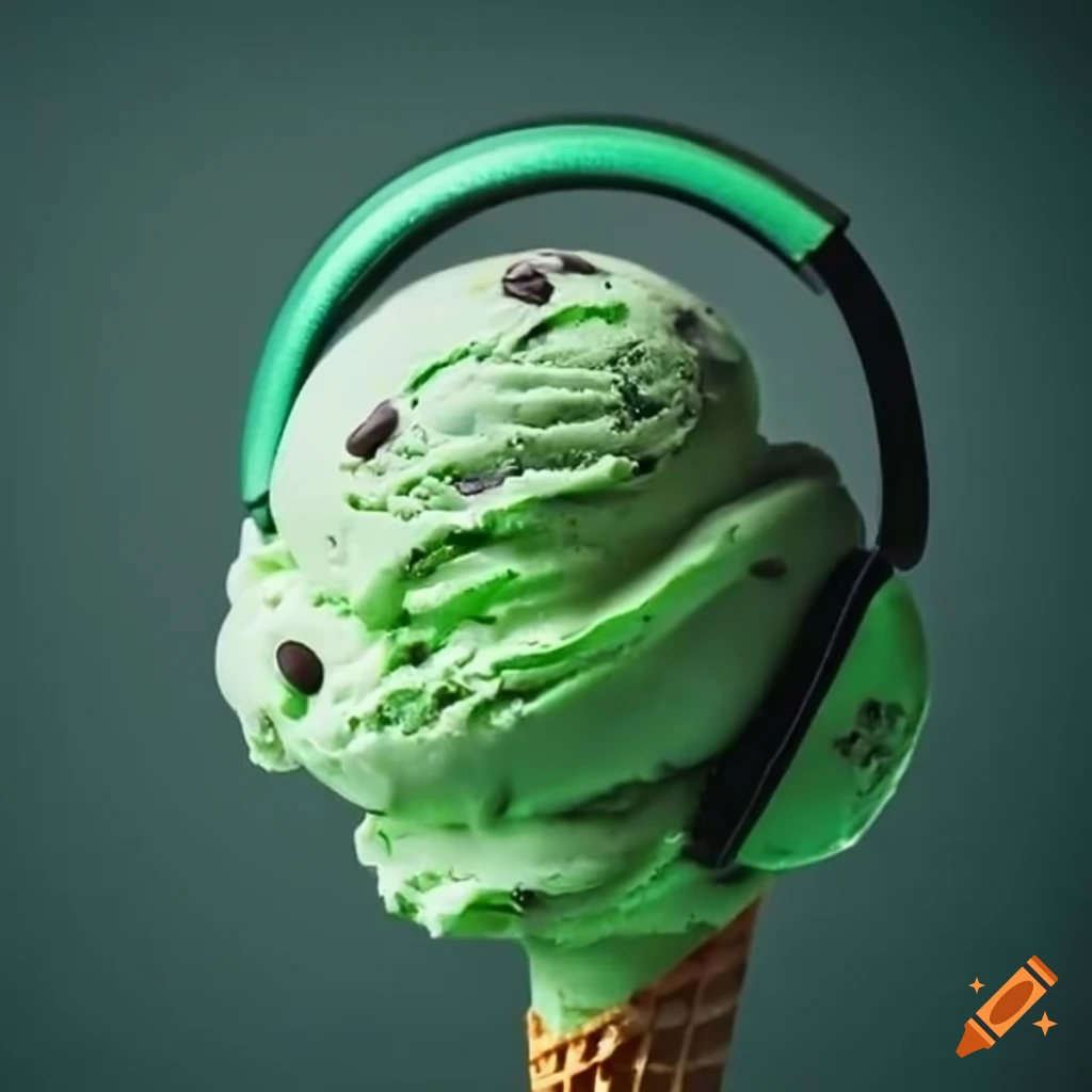 Mint chocolate chip ice cream with headphones on Craiyon