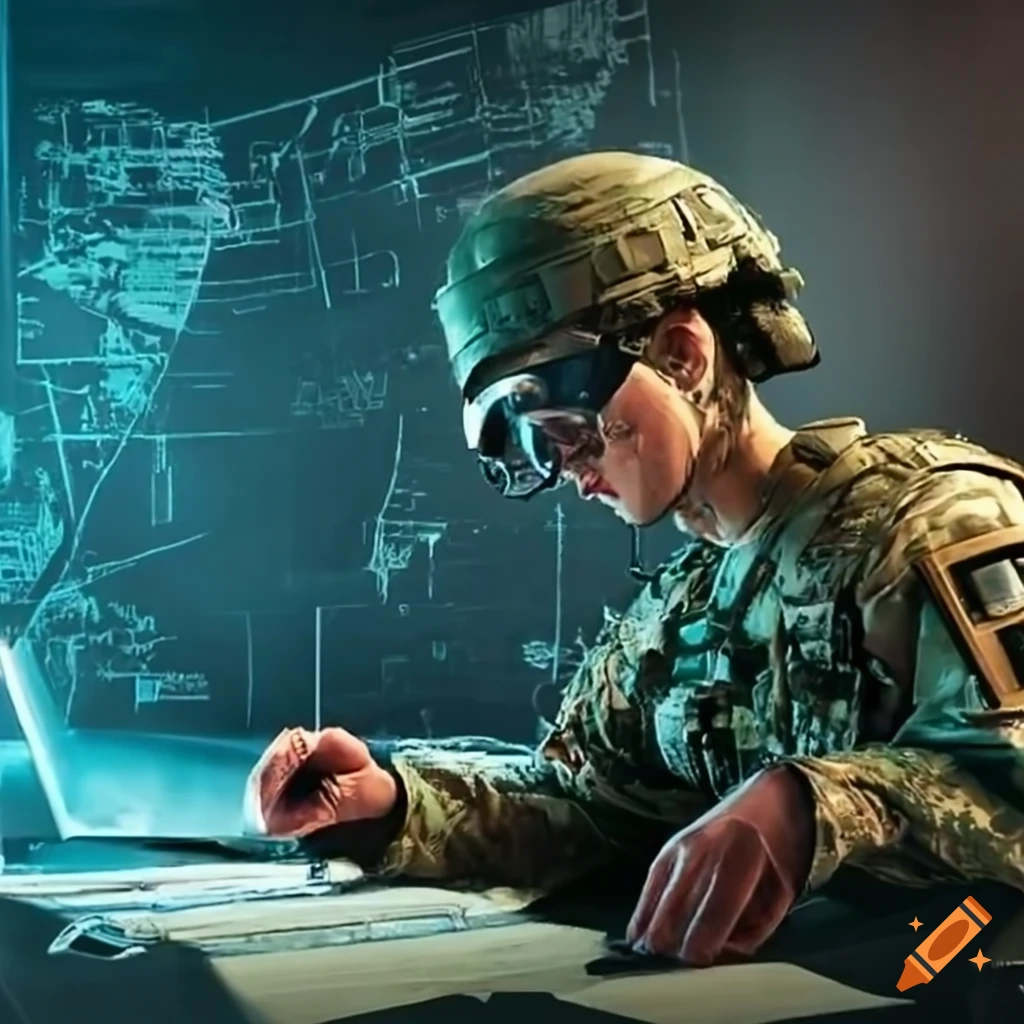 Dedicated soldier studying topographical maps for military strategy on ...