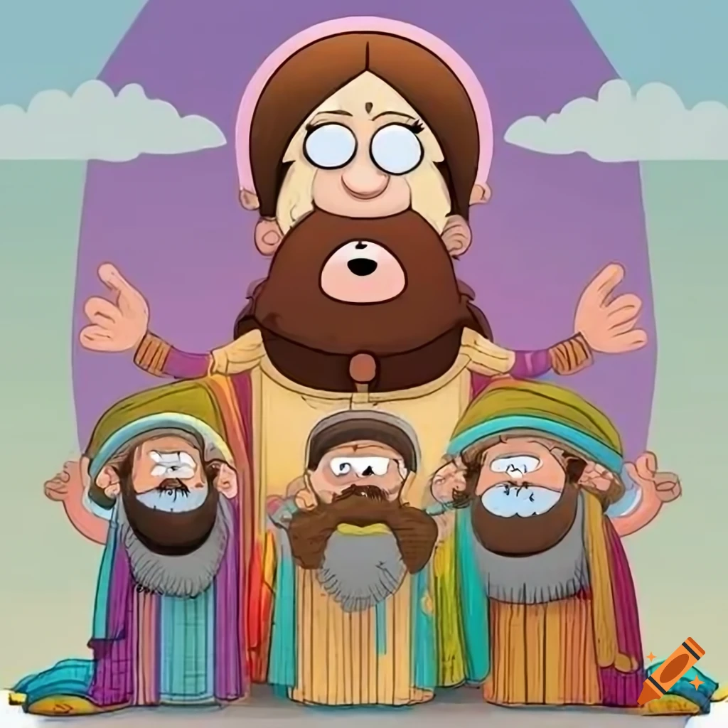 Colorful cartoon illustration of Jesus storytelling to disciples on Craiyon