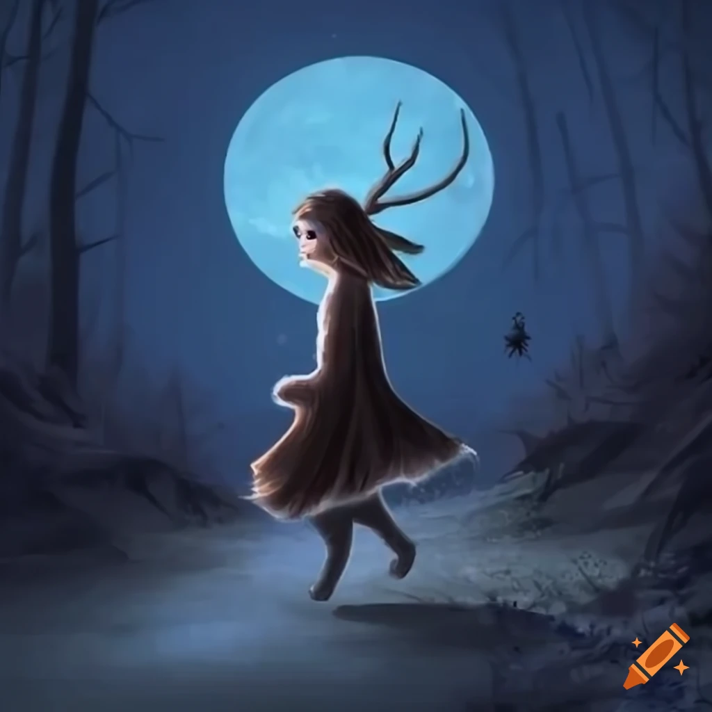 Cloaked deer-legged girl running in the night on Craiyon