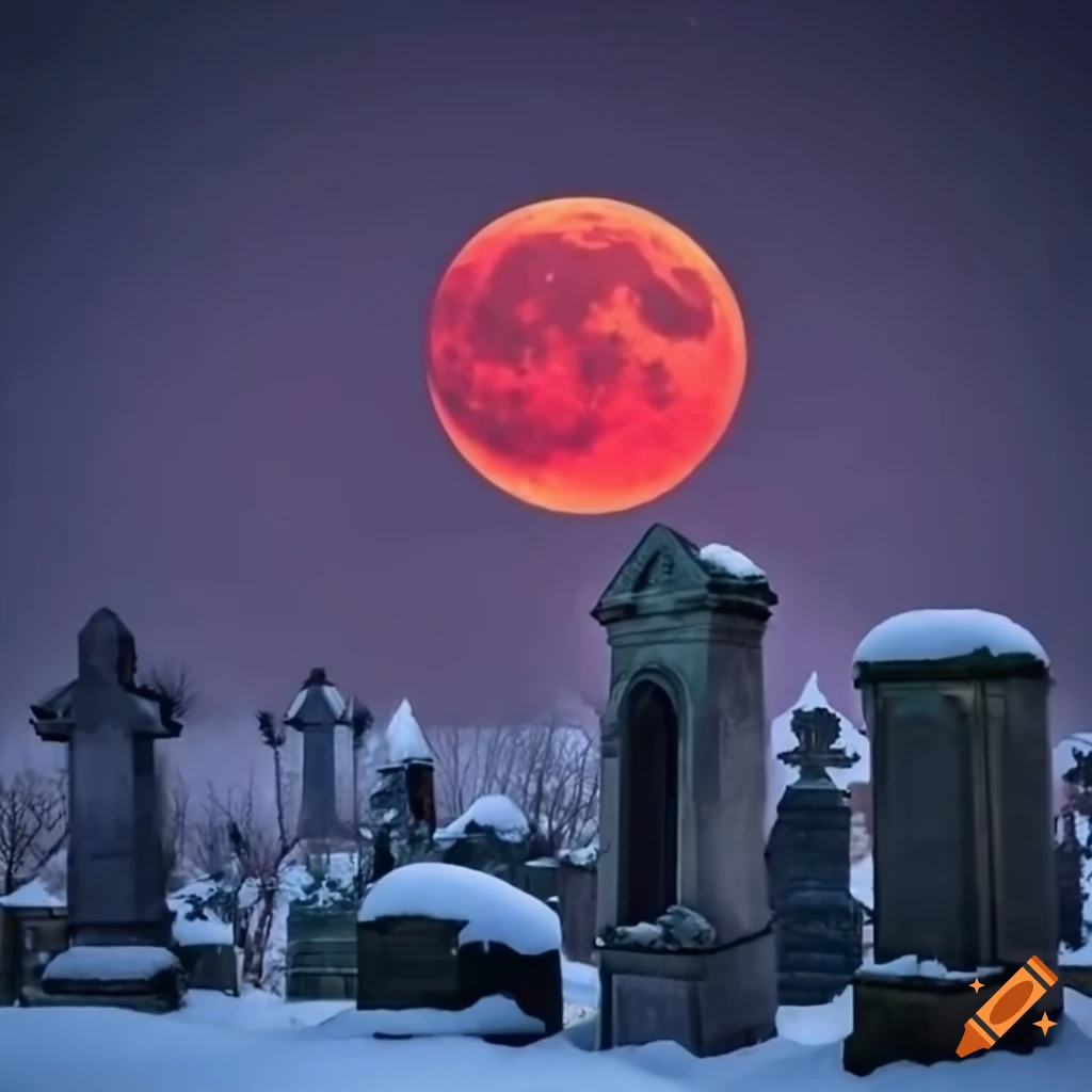Tranquil winter night with red moon over snow-covered cemetery on Craiyon