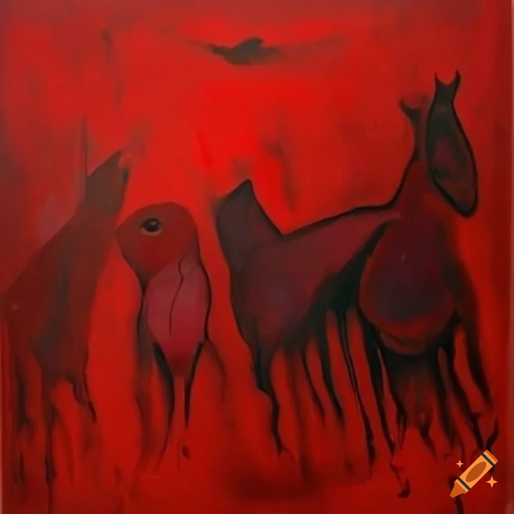 Expressionist oil painting with red silhouettes of animals on Craiyon