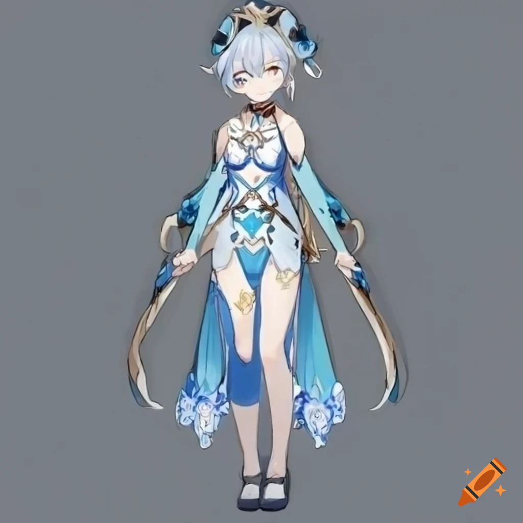 Genshin impact woman in detailed blue dress character design sheet on ...