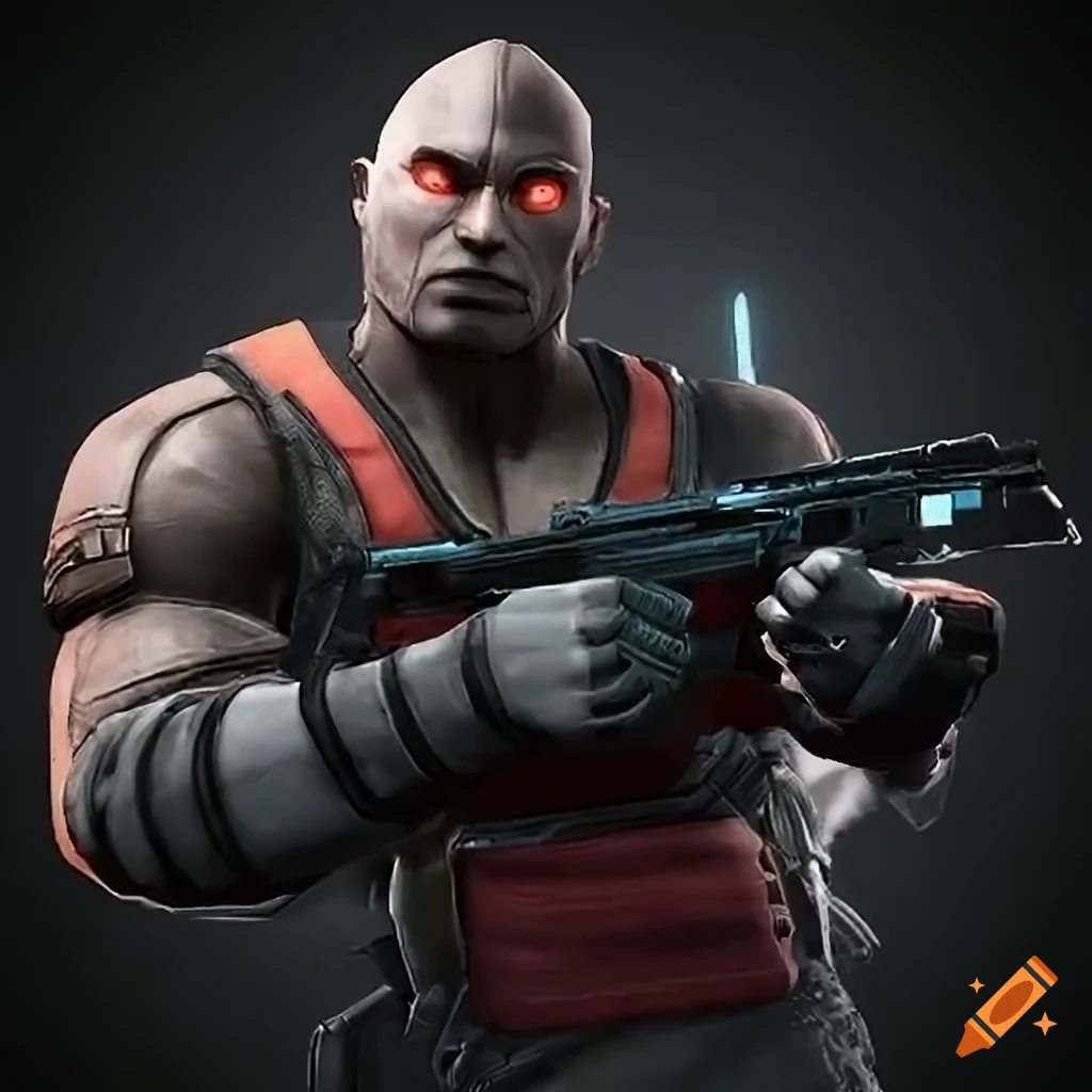 The Rock as a non-playable character in a futuristic video game holding ...