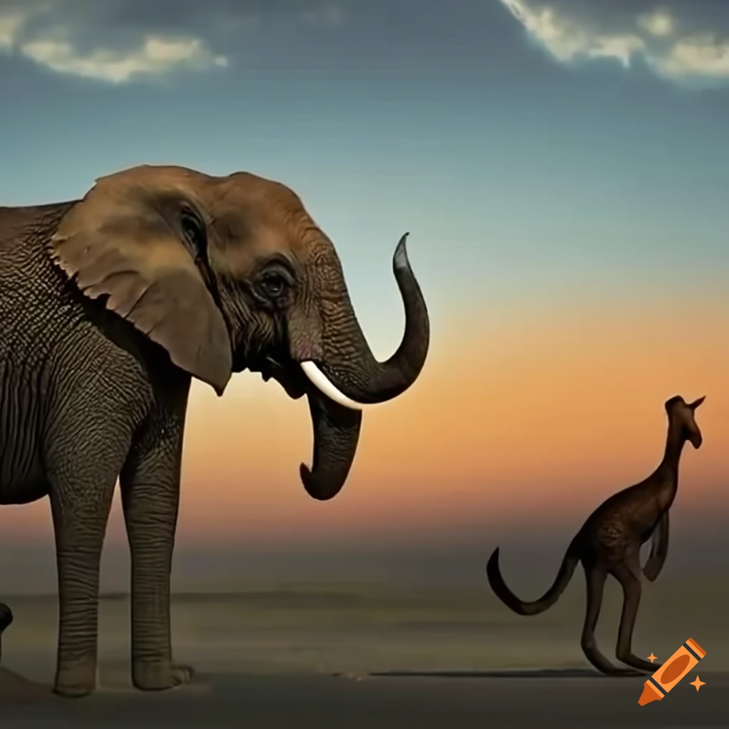 Elephant and kangaroo with a baby in a savanna landscape on Craiyon