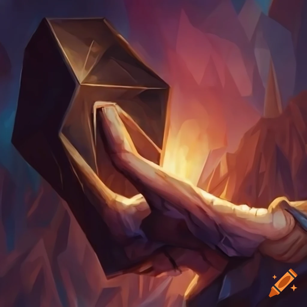 Hand holding triangular geometric rock in mtg fantasy art on Craiyon