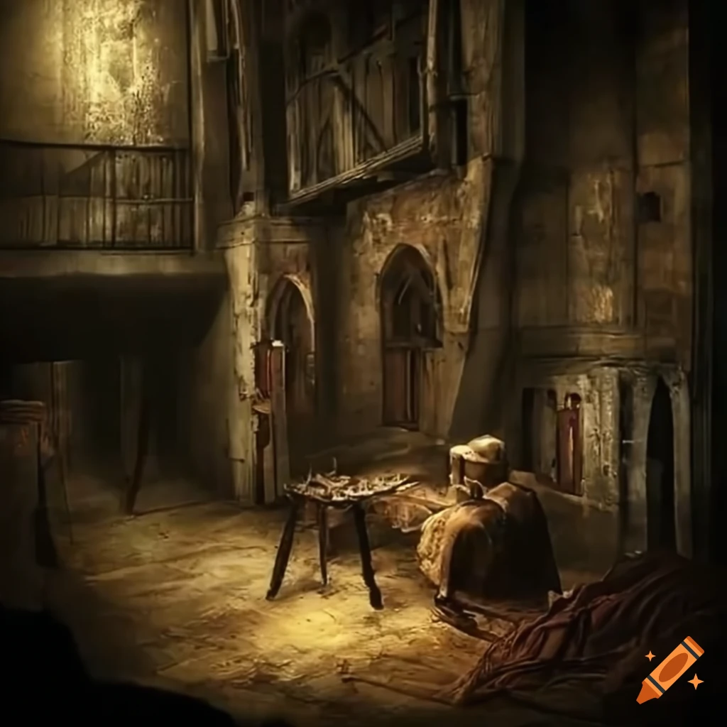 Steampunk medieval prison complex at night with monks in a rainy and ...