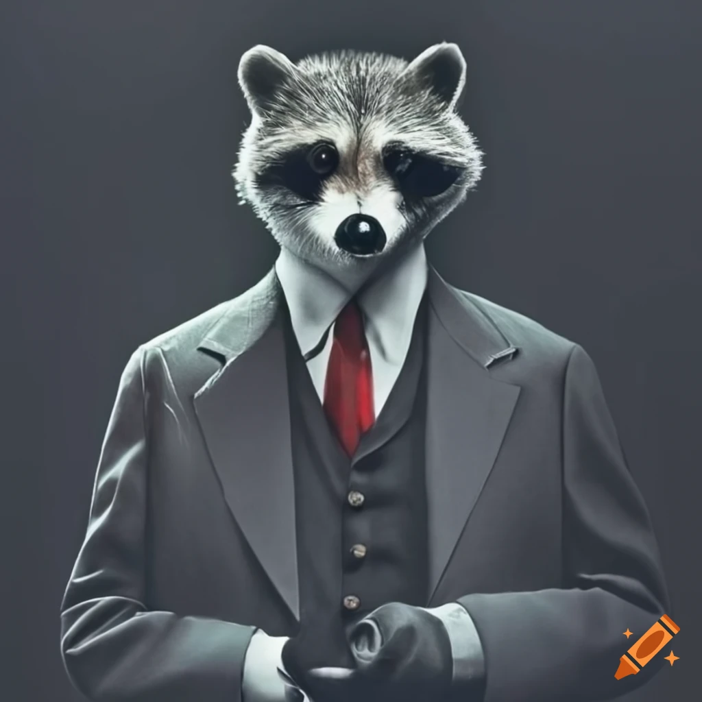 Mysterious man in 1950s mafia black suit with raccoon head on Craiyon