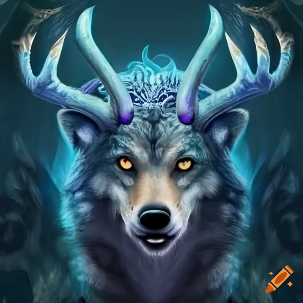 Mystical creature with buck horns and wolf face surrounded by blue ...