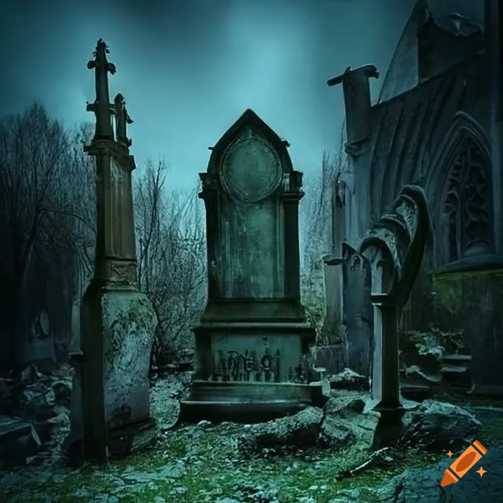 Gothic tombstones in a large unkempt graveyard on Craiyon