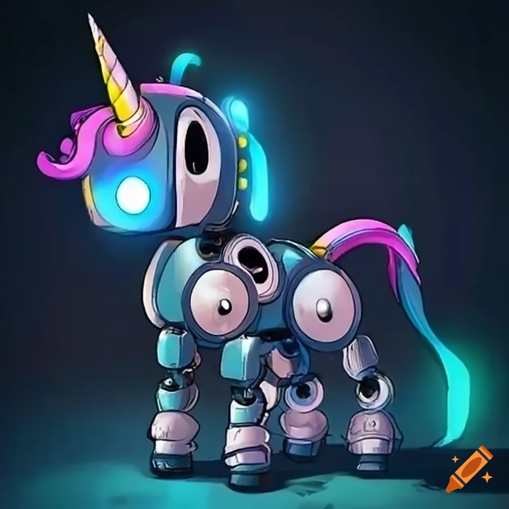 Cute unicorn robot blending technology and magic with exposed gears on ...