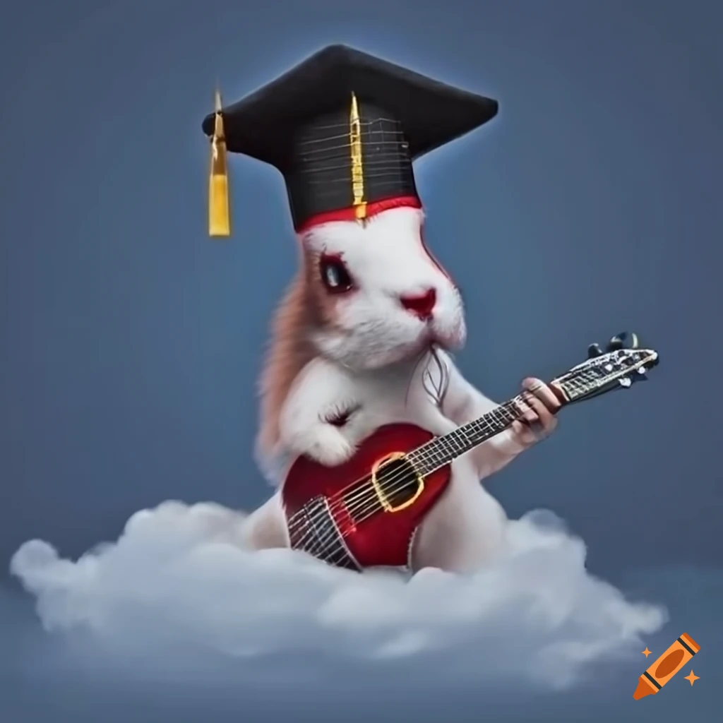 Heavy metal rabbit with phd hat playing guitar on a cloud on Craiyon