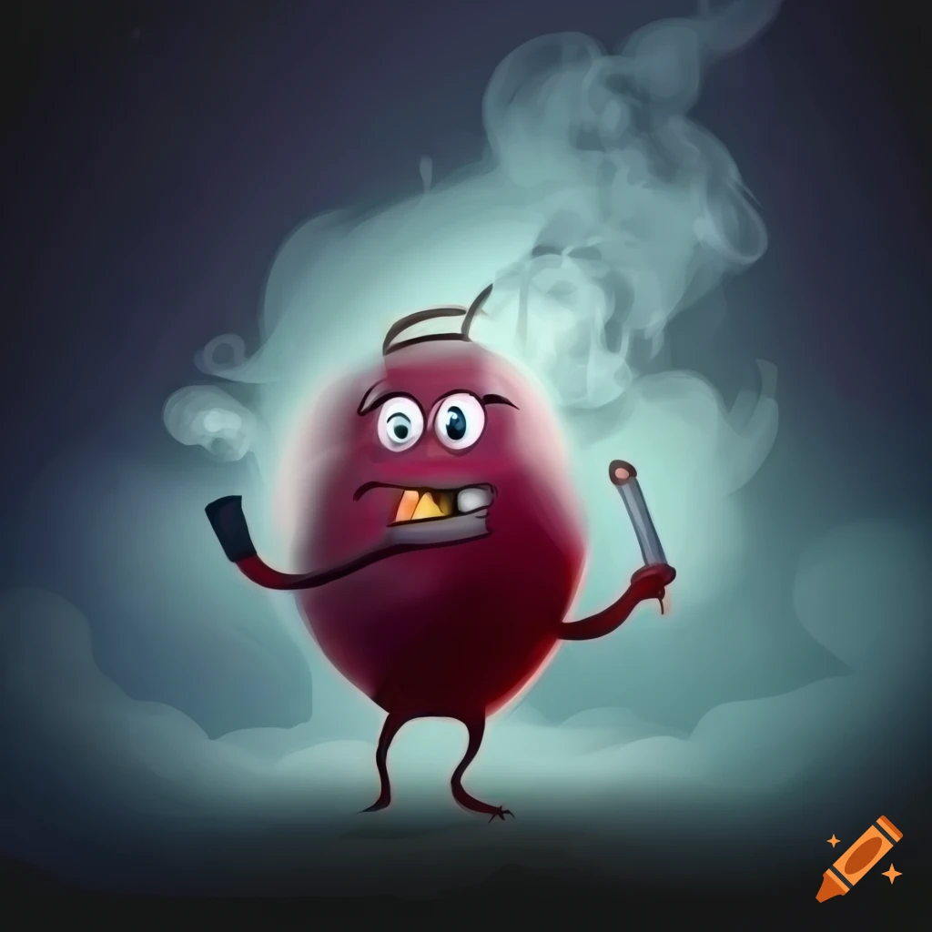 Funny cartoon beet character in a bat-cave smoking a pipe on Craiyon