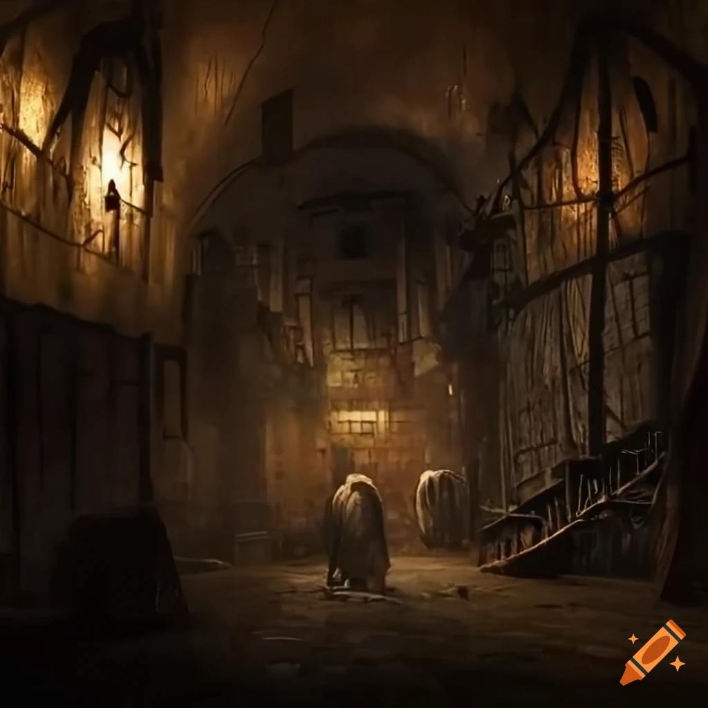 Steampunk medieval prison complex at night with monks in a rainy and ...