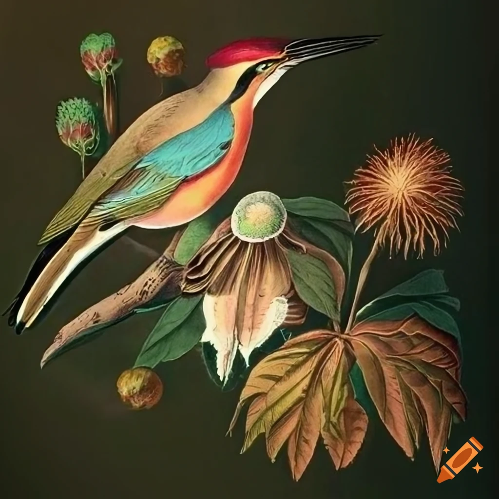 Graphic art style lithograph of exotic flowers, birds, and snakeskin trees intertwined in high ...