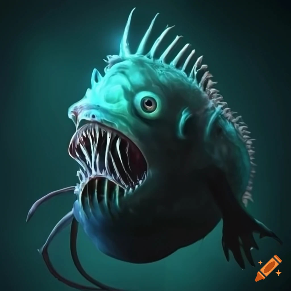 Muscular humanoid anglerfish deep sea monster in a black portrait on ...