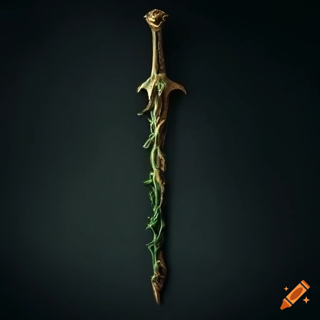Exotic sword made of lush vine and moss, magical artefact from the ...