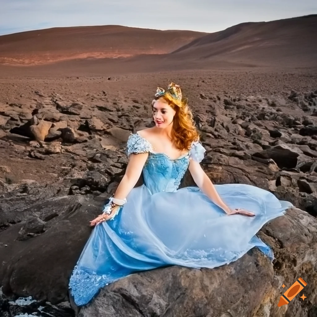 Cinderella in her dress sitting on a rock on Mars on Craiyon