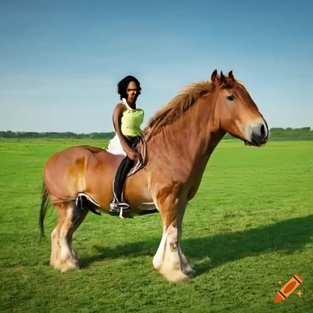 African woman riding a Belgian draft horse in a green meadow under a ...