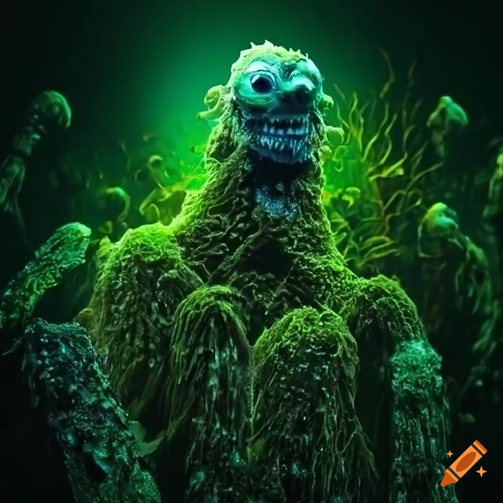 Biopunk cityscape with glowing green moss, plants, mushrooms, crystals ...