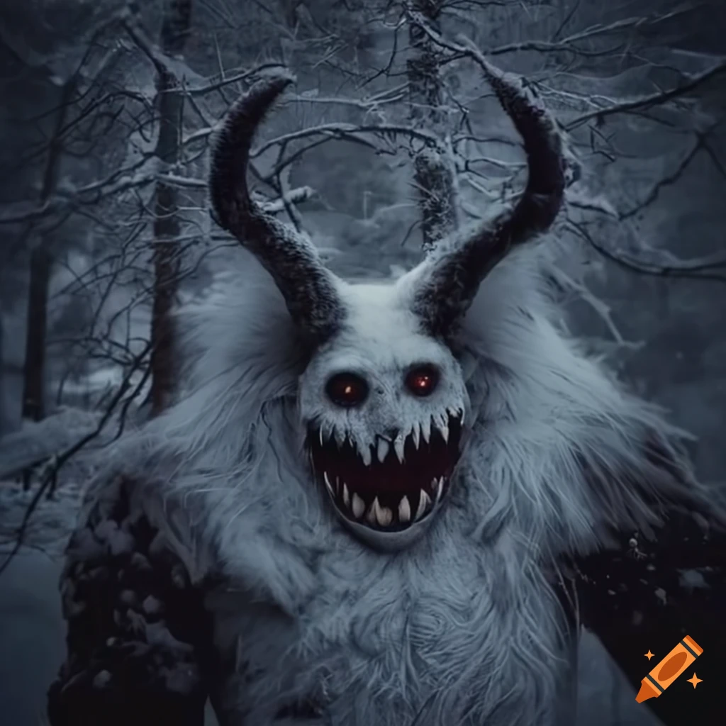 Vintage photo of a white fur monster with horns in a blizzard among ...