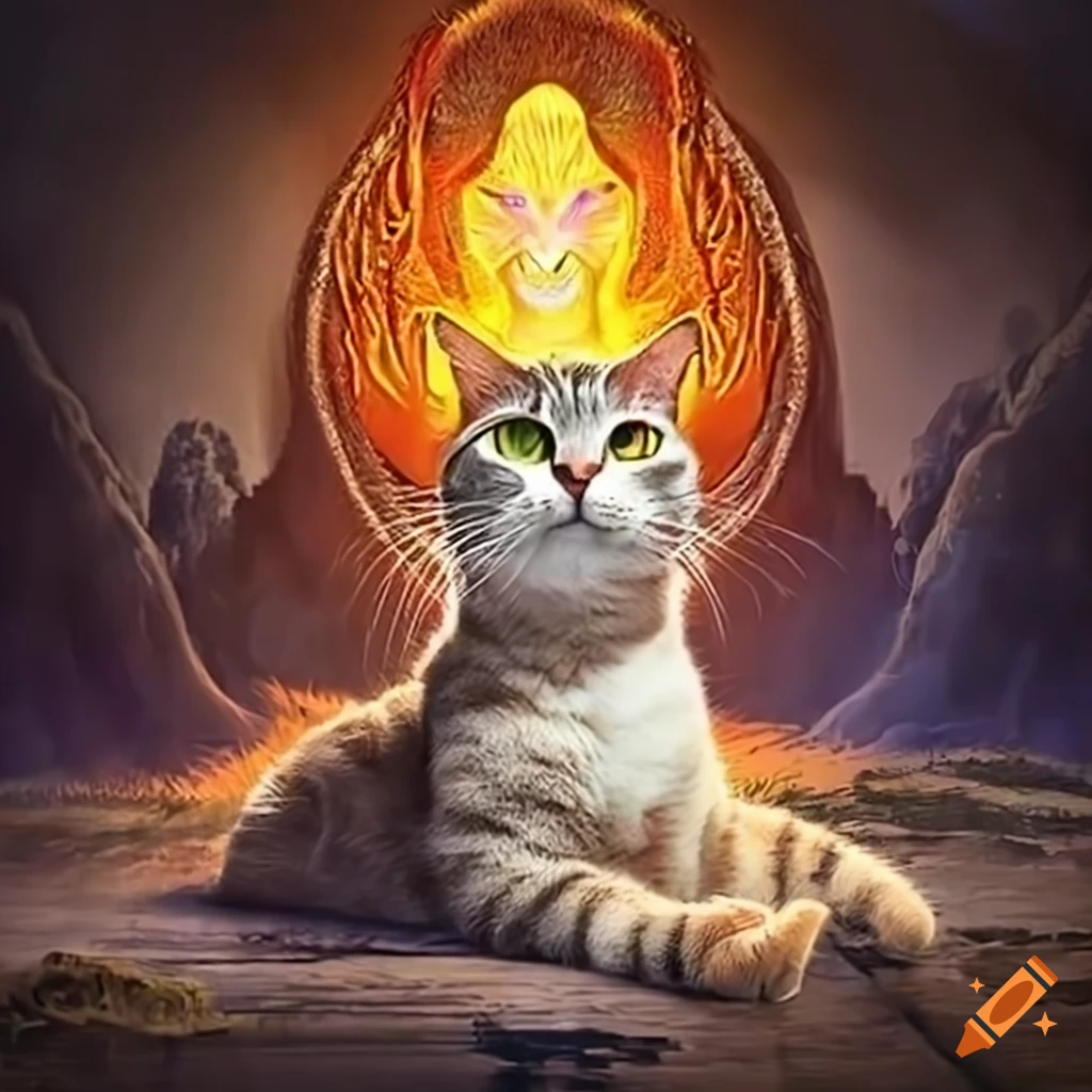 Mythical grand cat guiding human on a mystical journey on Craiyon