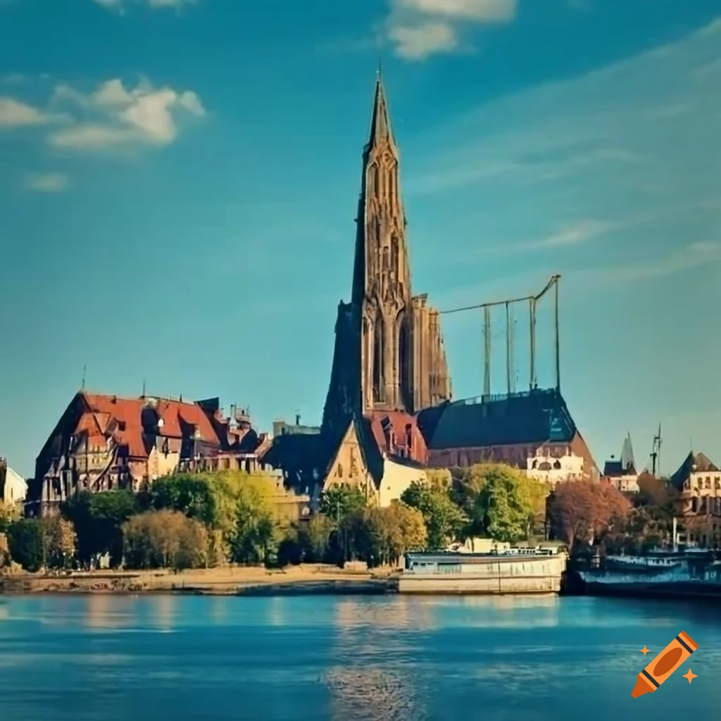 Ulm minster construction site with old boats on the danube in the ...