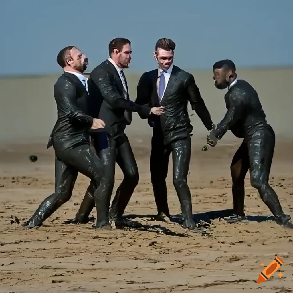 Men in black suits and ties having a mud fight on Craiyon