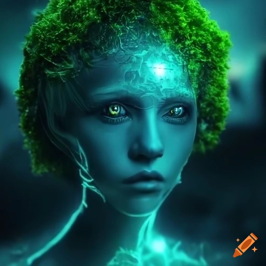 Biopunk cityscape with glowing green elements, crystals, and mythical ...