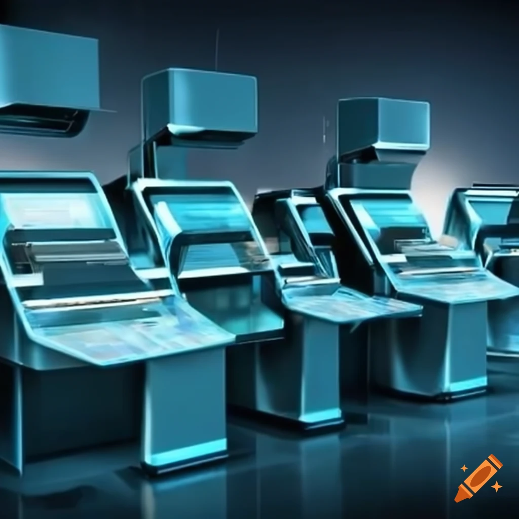 Multiple futuristic self checkout cash desks on Craiyon