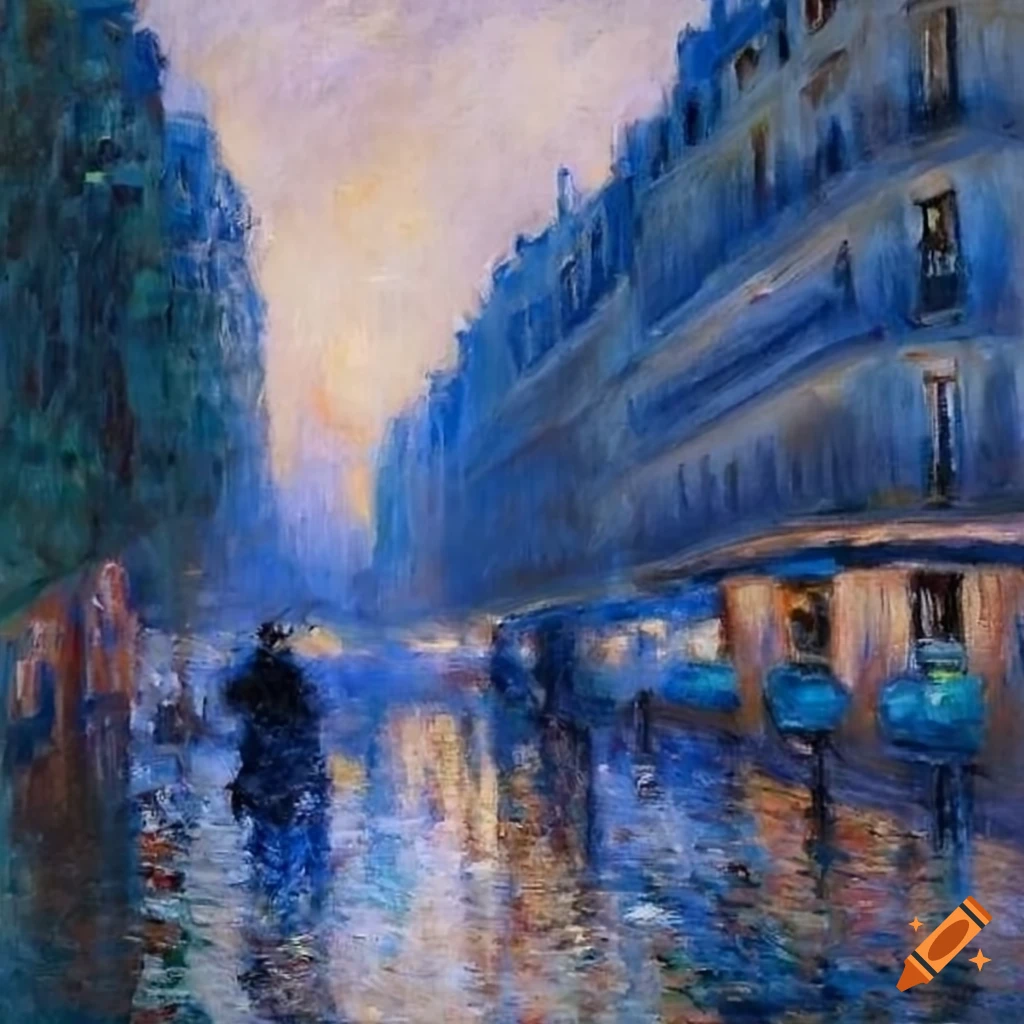 Parisian street scene under a soft rain inspired by Claude Monet on Craiyon