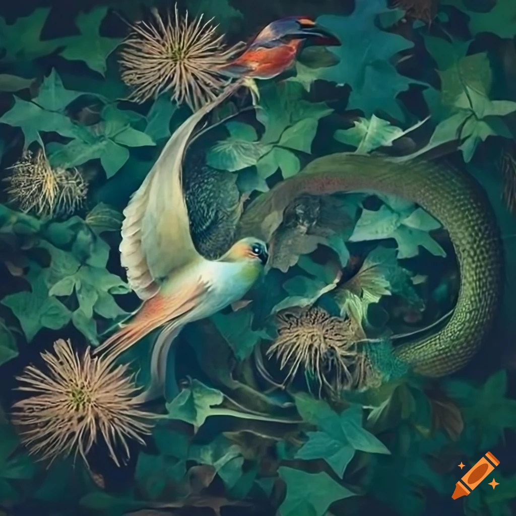 Exotic flowers, birds, and trees with vintage wallpaper background in high resolution on Craiyon