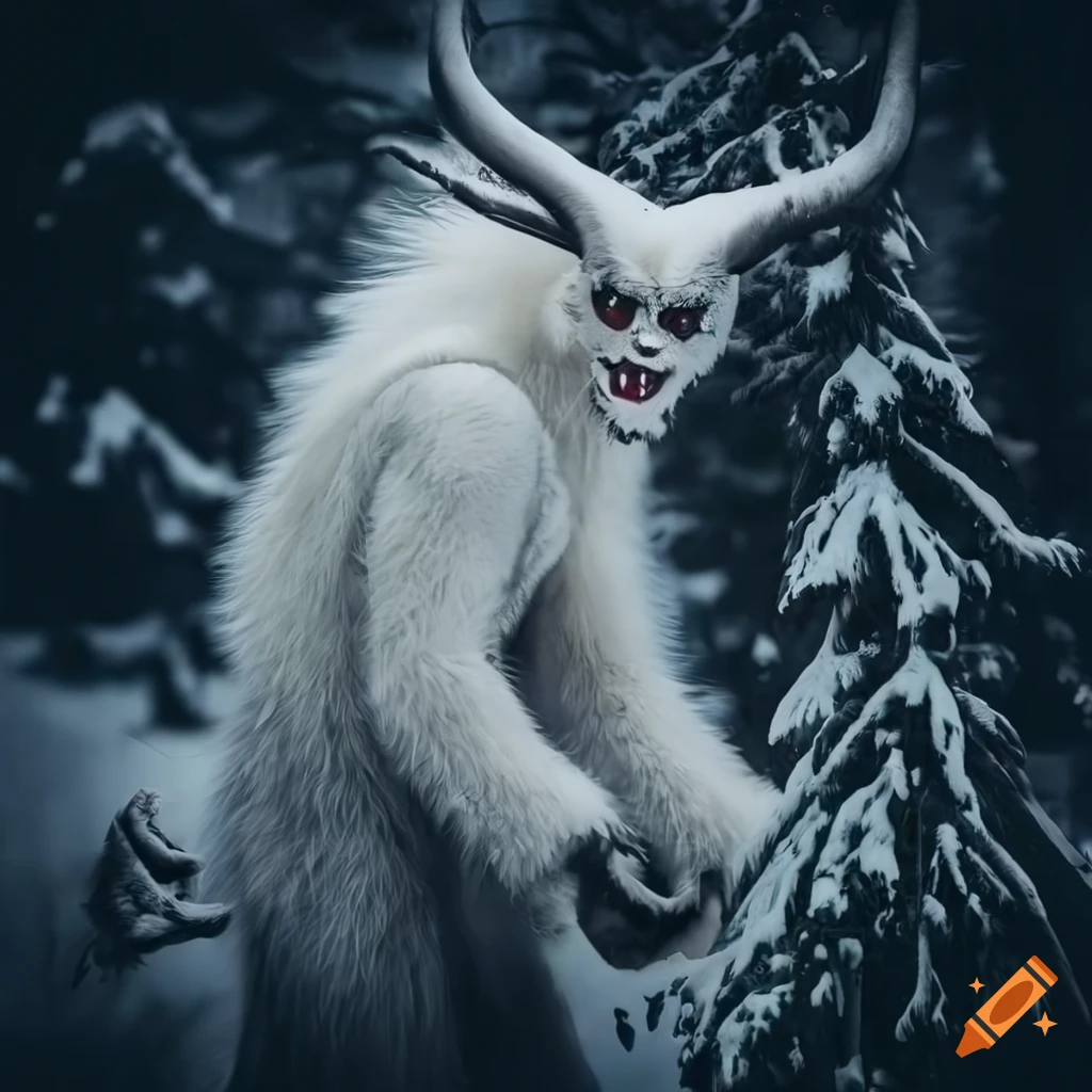 White fur monster with horns in a blizzard among trees on Craiyon