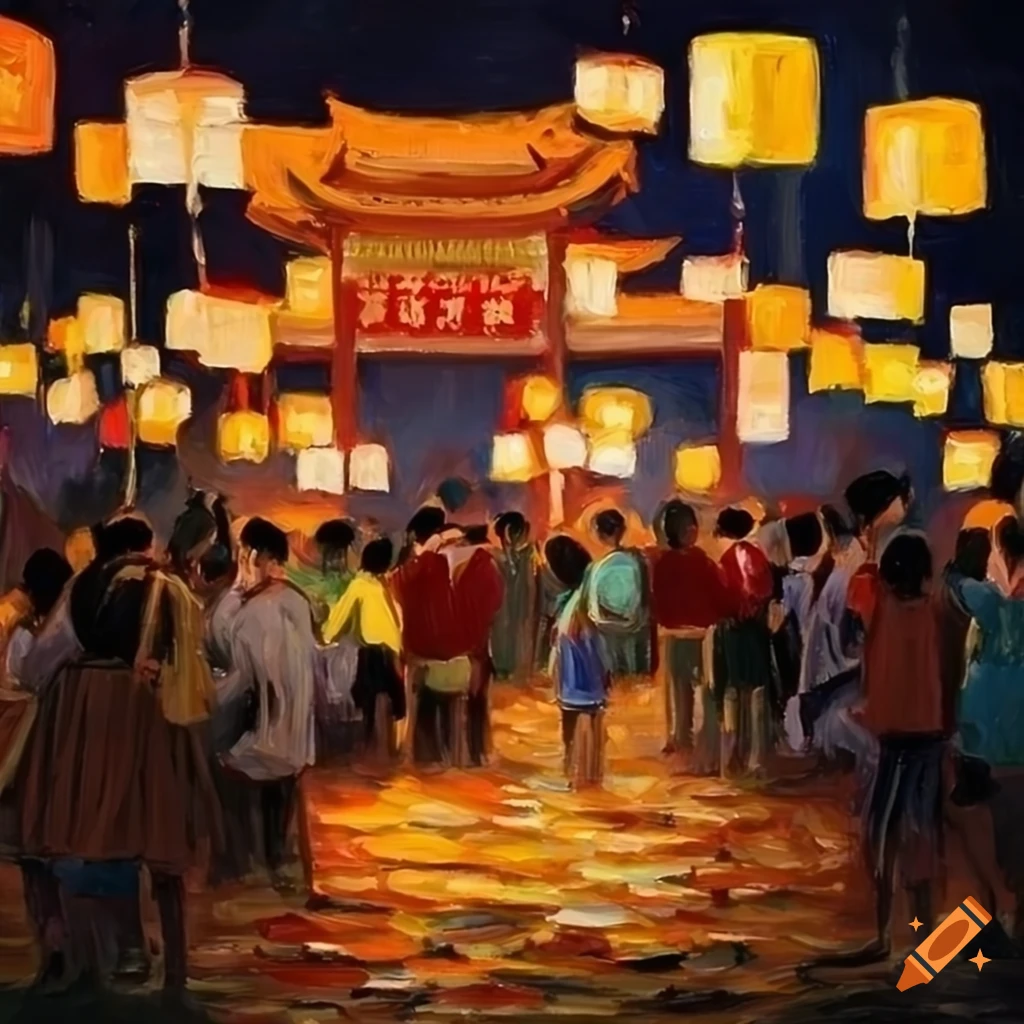 Impressionist oil painting of locals at the lantern festival in taiwan ...