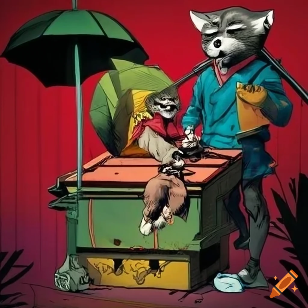 Eccentric comic book cover featuring anthropomorphic raccoons and ...