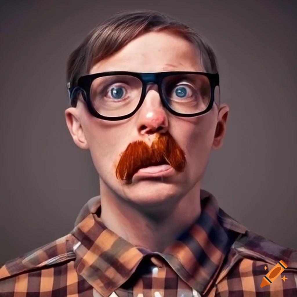 Middle-aged person with glasses, flannel shirt, pimple, and mustache on ...