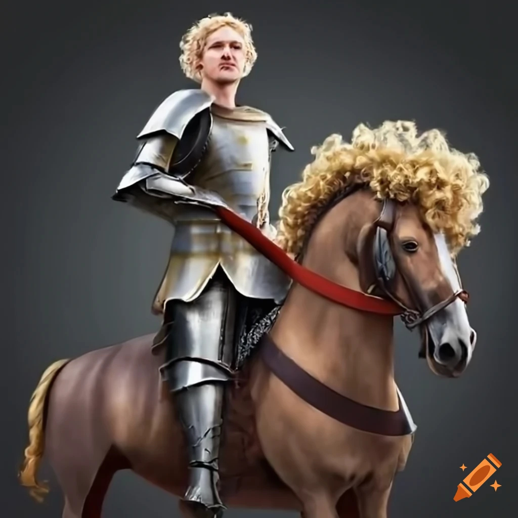 Young man with blonde curly hair riding a horse in knight armor on Craiyon