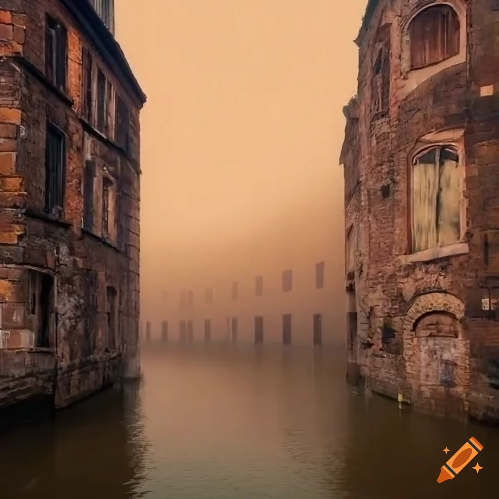 Close-up of flooded doorway with abandoned brick buildings sinking into ...