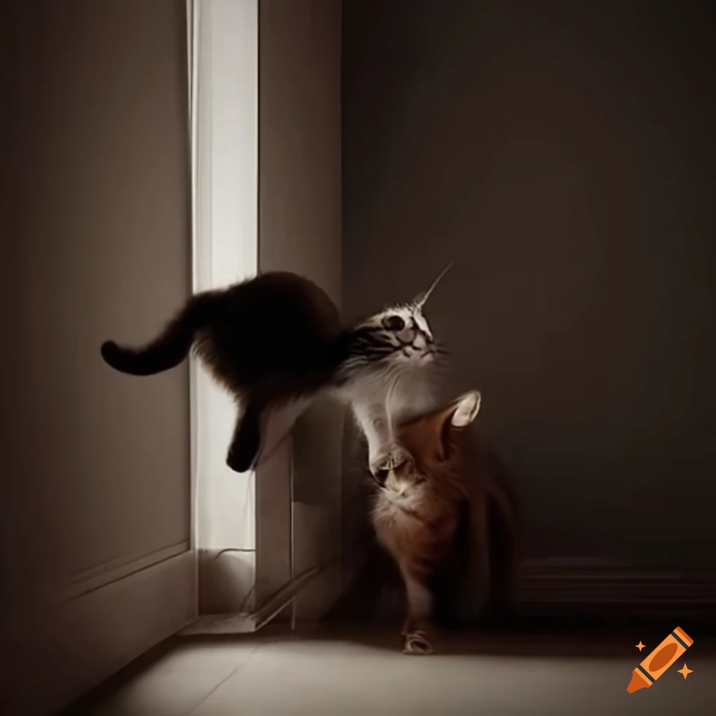 Captivating cats playing with string in a hallway on Craiyon
